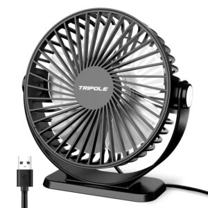 tripole small desk fan usb powered portable fan 3 speeds strong airflow mini fan 360°rotation personal fan 5.1 inch table fan for home office bedroom desktop, black, 4.9ft cable