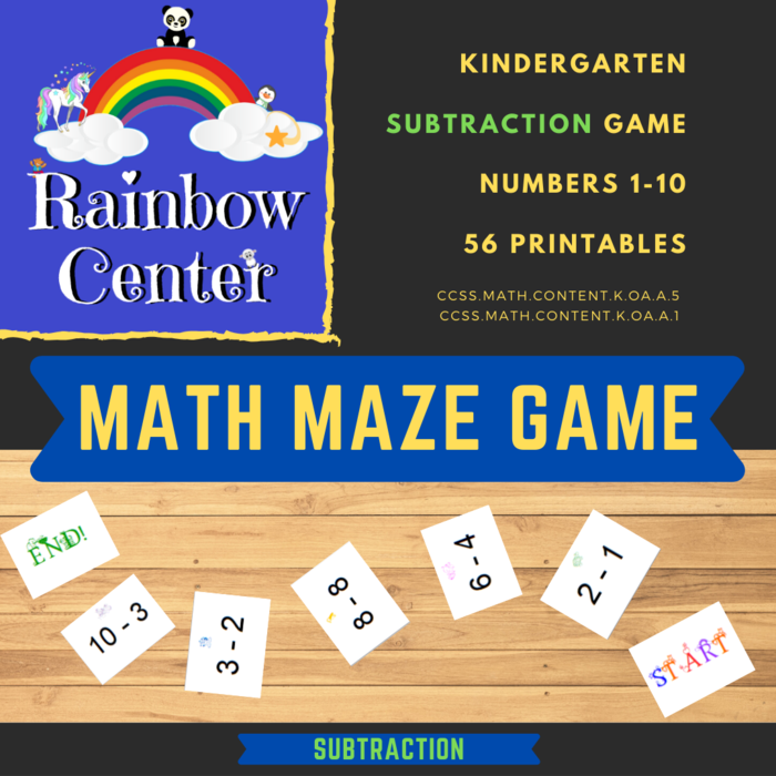 Math Maze Game - Subtraction Using Numbers 1 Through 10 - Kindergarten, 56 Printables