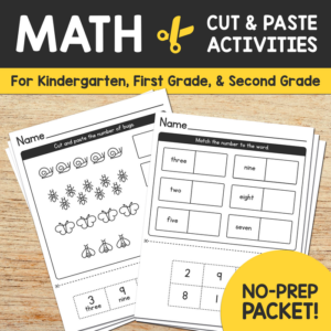 cut & paste kindergarten math worksheets – addition, subtraction, shapes, fractions, & counting numbers – no prep pack