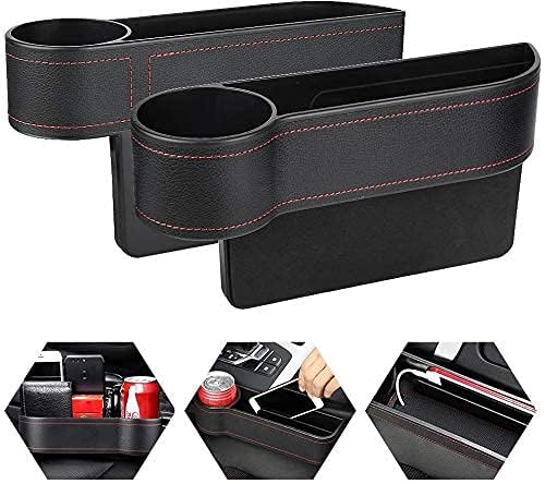 Car Seat Gap Filler, 2 Pack Multifunctional Car Seat Organizer with Cup Holder, Car Console Side Organizer for Cellphones, Wallets, Keys, Coin, Cards, Sunglasses, Passenger Side & Driver Side - Black