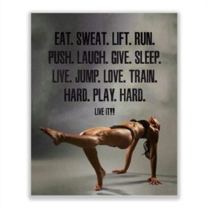 eat. sweat. lift. run. train. play- live it all - motivational exercise sign, modern fitness wall art decor print for home decor, office decor, & gym decor. great inspirational gift! unframed-8x10"