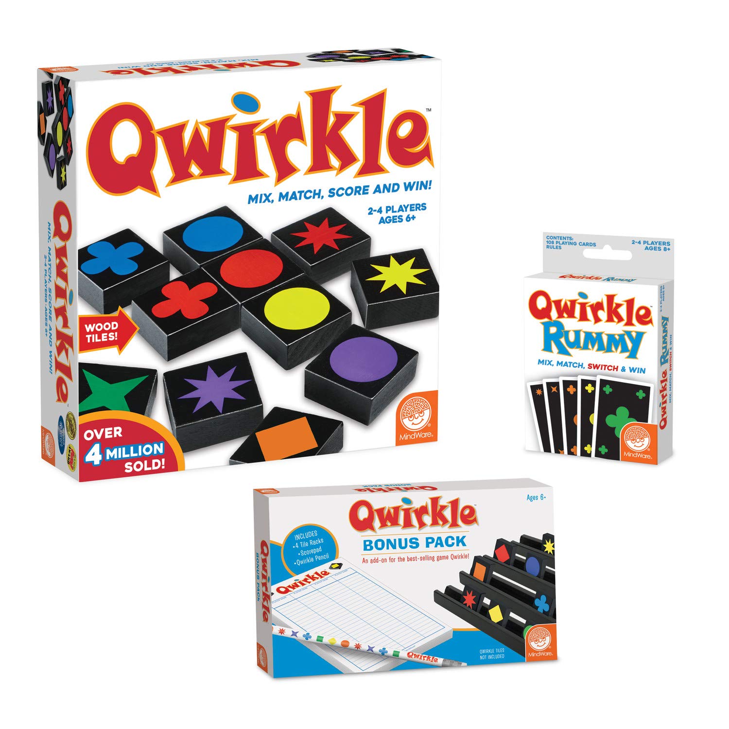 MindWare Qwirkle Strategy Games Pack of 3 – Kit Includes Popular Games Qwirkle, Qwirkle Rummy and Qwirkle Bonus Pack - Ideal Family Games for Game Night and Party Games for Adults - Ages 6 and Up