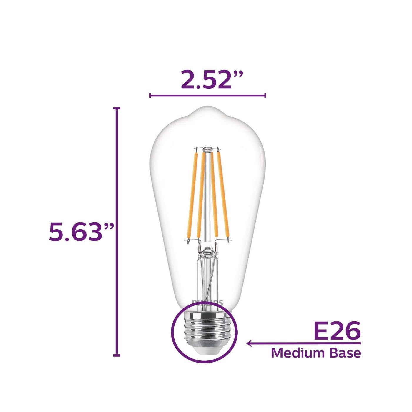 Philips LED Flicker-Free Vintage ST19 Light Bulb, Dimmable Warm Glow Effect, EyeComfort Technology, 800 Lumen, 2700-2200k, 8W=60W, E26 Base, Title 20 Certified, 4-Pack (Warm to glow)