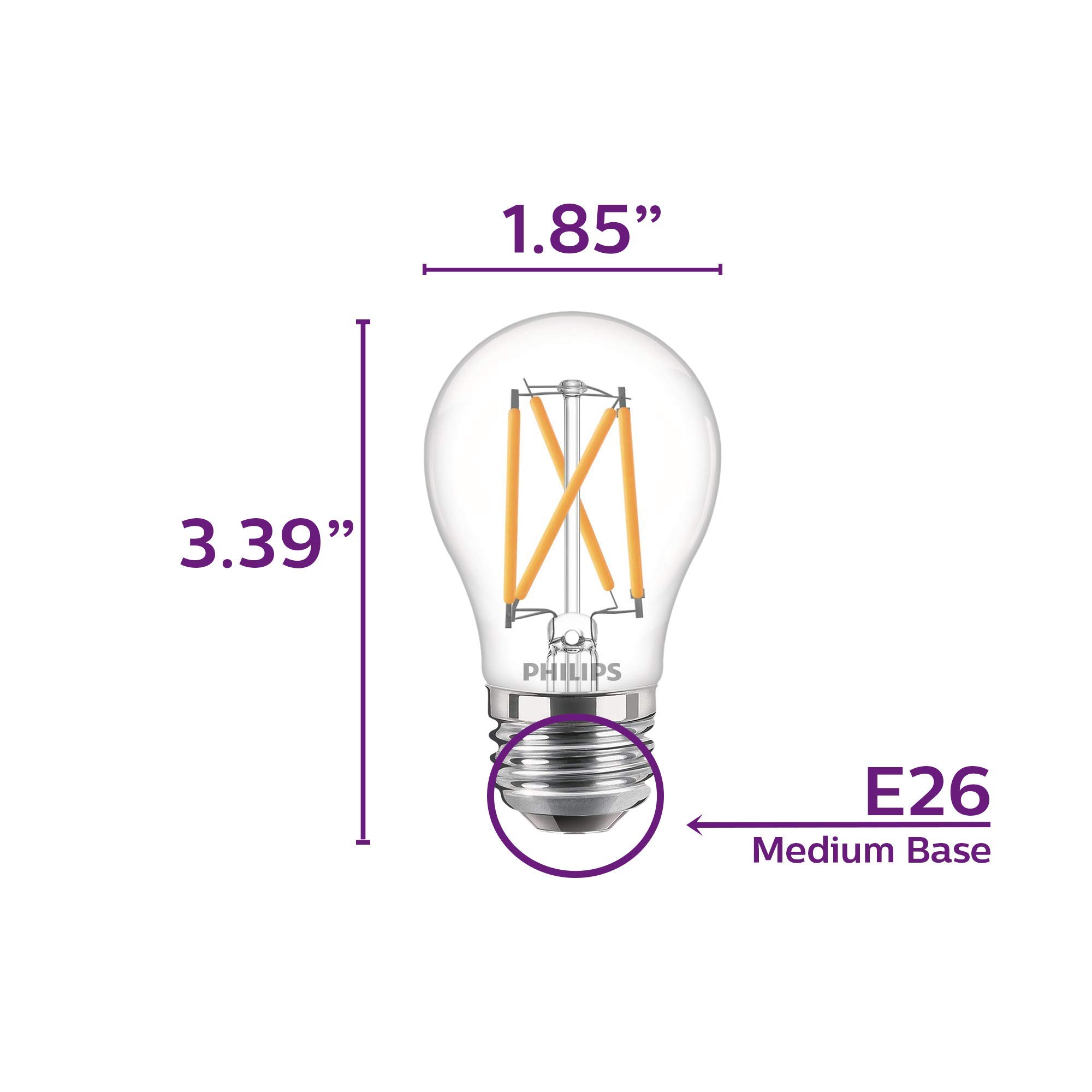 Philips LED Flicker-Free A15 Light Bulb, EyeComfort Technology, Dimmable Warm Glow Effect, 350 Lumen, 2700-2200K, 3.8W=40W, E26, Title 20 Certified, 8-Pack,Soft White