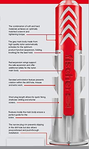 fischer DuoPower 1/4"x1-3/16", Powerful Universal Plug with Intelligent 2-Component Technology for fastenings in Concrete, Bricks, Gypsum plasterboard, chipboard, 100 Plugs Without Screws