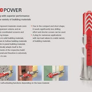 fischer DuoPower 1/4"x1-3/16", Powerful Universal Plug with Intelligent 2-Component Technology for fastenings in Concrete, Bricks, Gypsum plasterboard, chipboard, 100 Plugs Without Screws