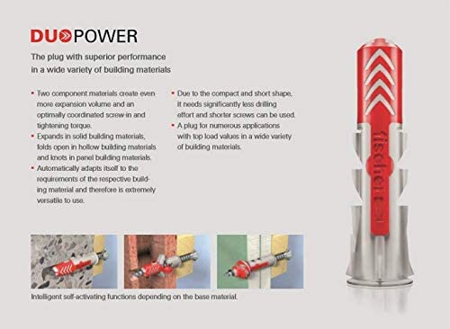 fischer DuoPower 1/4"x1-3/16", Powerful Universal Plug with Intelligent 2-Component Technology for fastenings in Concrete, Bricks, Gypsum plasterboard, chipboard, 100 Plugs Without Screws