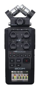 zoom h6 all black 6-track portable recorder, stereo microphones, 4 xlr/trs inputs, records to sd card, usb audio interface, battery powered, podcasting and music