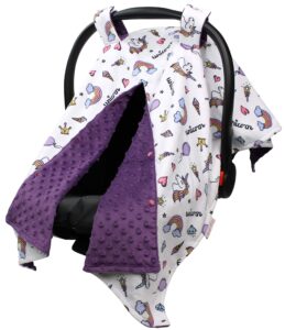 baby car seat canopy cover - unicorn and rainbows with purple minky dot