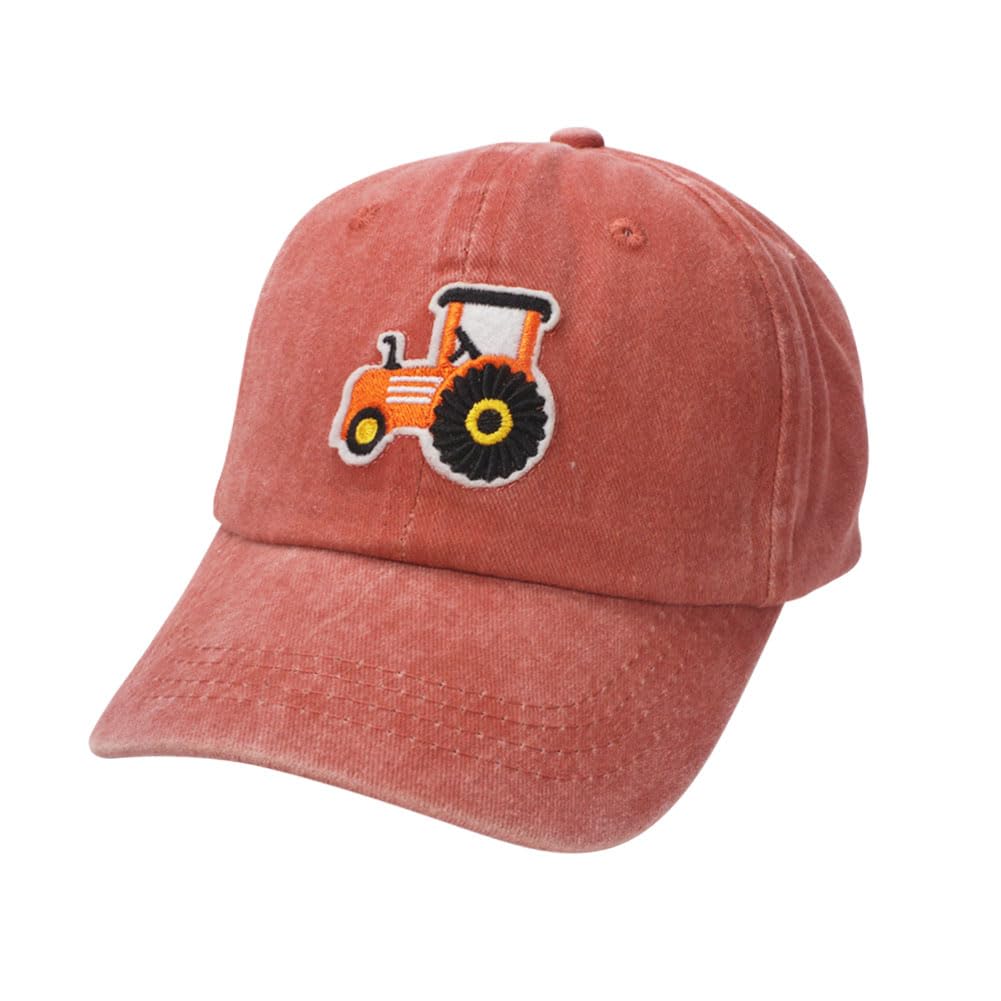 Kids Cartoon Farm Tractor Embroidery Baseball Cap, Adjustable Snapback Washed Distressed Vintage Retro Cotton Sun Hat for Boys Girls Ages 2-8 Red