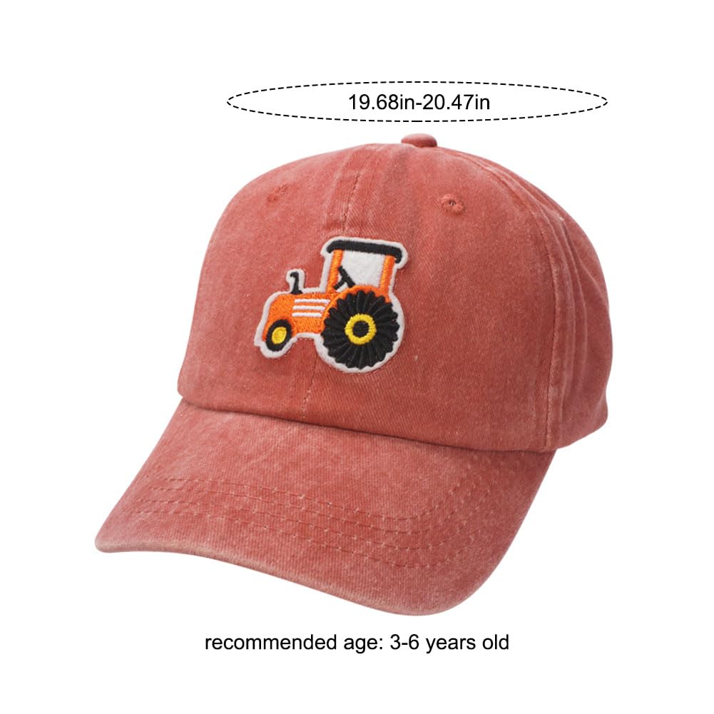 Kids Cartoon Farm Tractor Embroidery Baseball Cap, Adjustable Snapback Washed Distressed Vintage Retro Cotton Sun Hat for Boys Girls Ages 2-8 Red