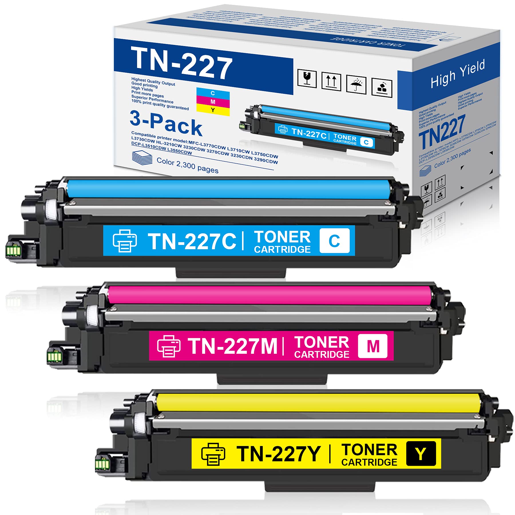 3-Pack(1C+1M+1Y) TN227C TN227M TN227Y Toner Cartridge Replacement for Brother TN-227 TN227 MFC-L3750CDW HL-L3290CDW HL-L3210CW MFC-L3710CW MFC-L3770CDW HL-L3230CDW Printer Toner