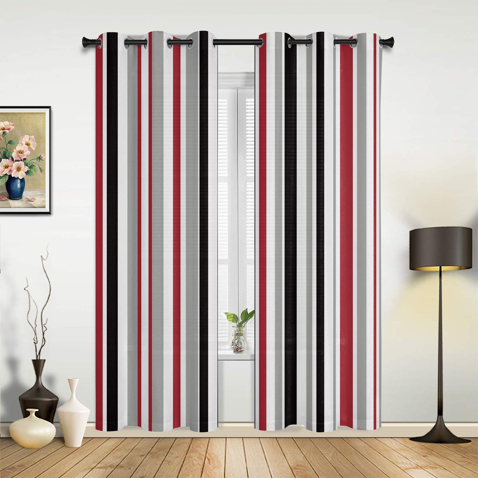 BABE MAPS Customized Window Curtains Panel 84 inch Length 2 Panels Modern Window Treatment Drapes for Bedroom Living Room - Vertical Stripes Black White Red Grey