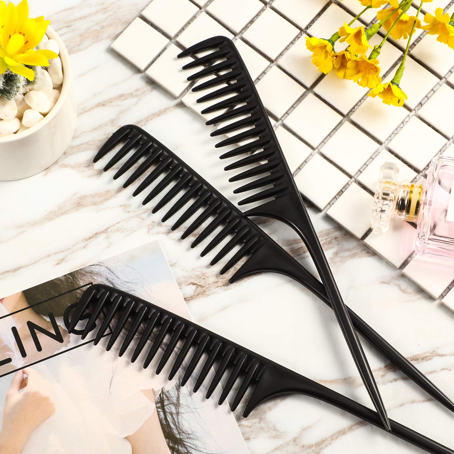 Leinuosen 3 Pack Wide Tooth Tail Combs, Black Carbon Comb Fiber Teasing Salon Back Combs Styling Comb Anti Static Heat Resistant Hair Comb, Suitable for all Kinds of Hair.