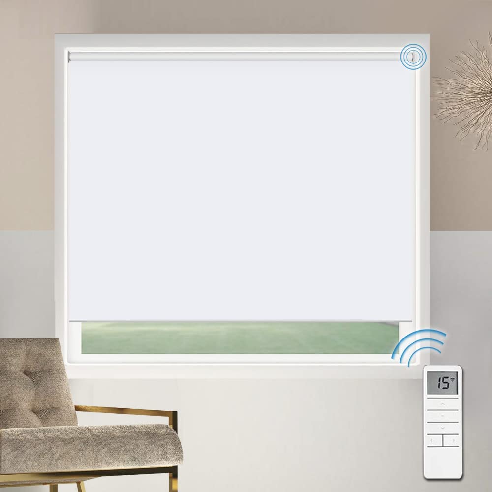 Motorized Blackout Valanced Window Shades, Remote Control Wireless and Rechargeable Roller Blinds with Top Valance, UV Protection White Fabric Roller Shades for Windows, Doors, French Door