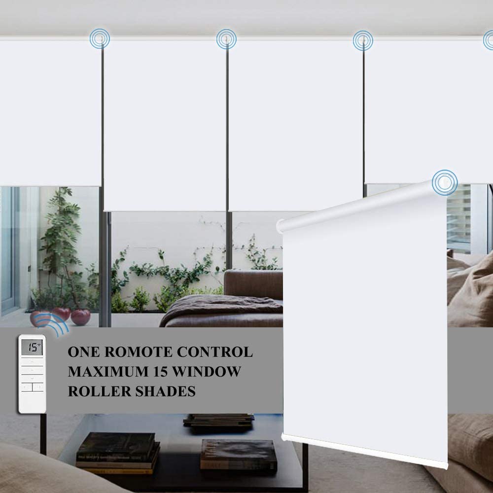 Motorized Blackout Valanced Window Shades, Remote Control Wireless and Rechargeable Roller Blinds with Top Valance, UV Protection White Fabric Roller Shades for Windows, Doors, French Door