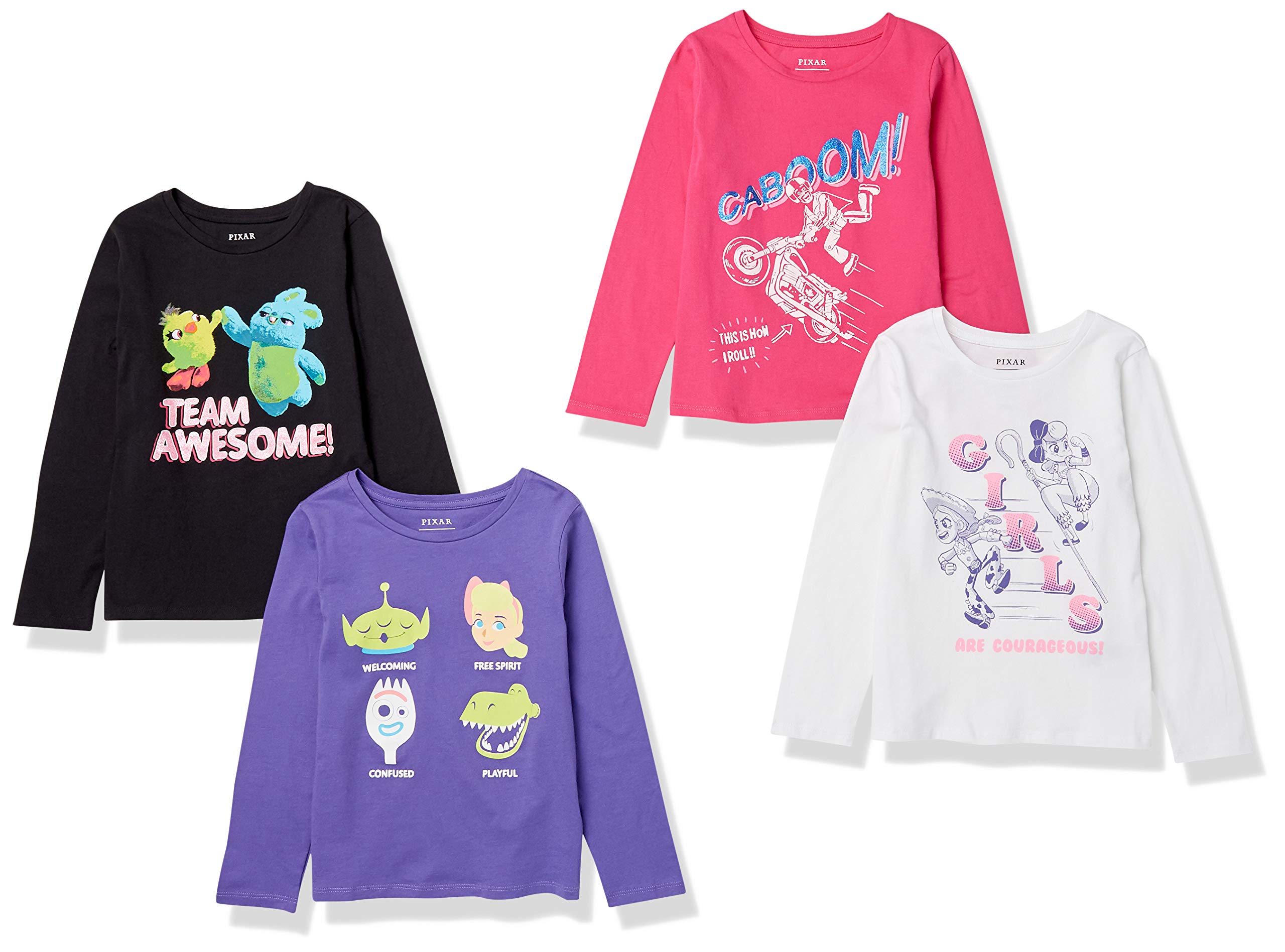 Amazon Essentials Disney | Marvel | Star Wars Girls' Long-Sleeve T-Shirts (Previously Spotted Zebra), Pack of 4, Toy Story Friends Print, Medium