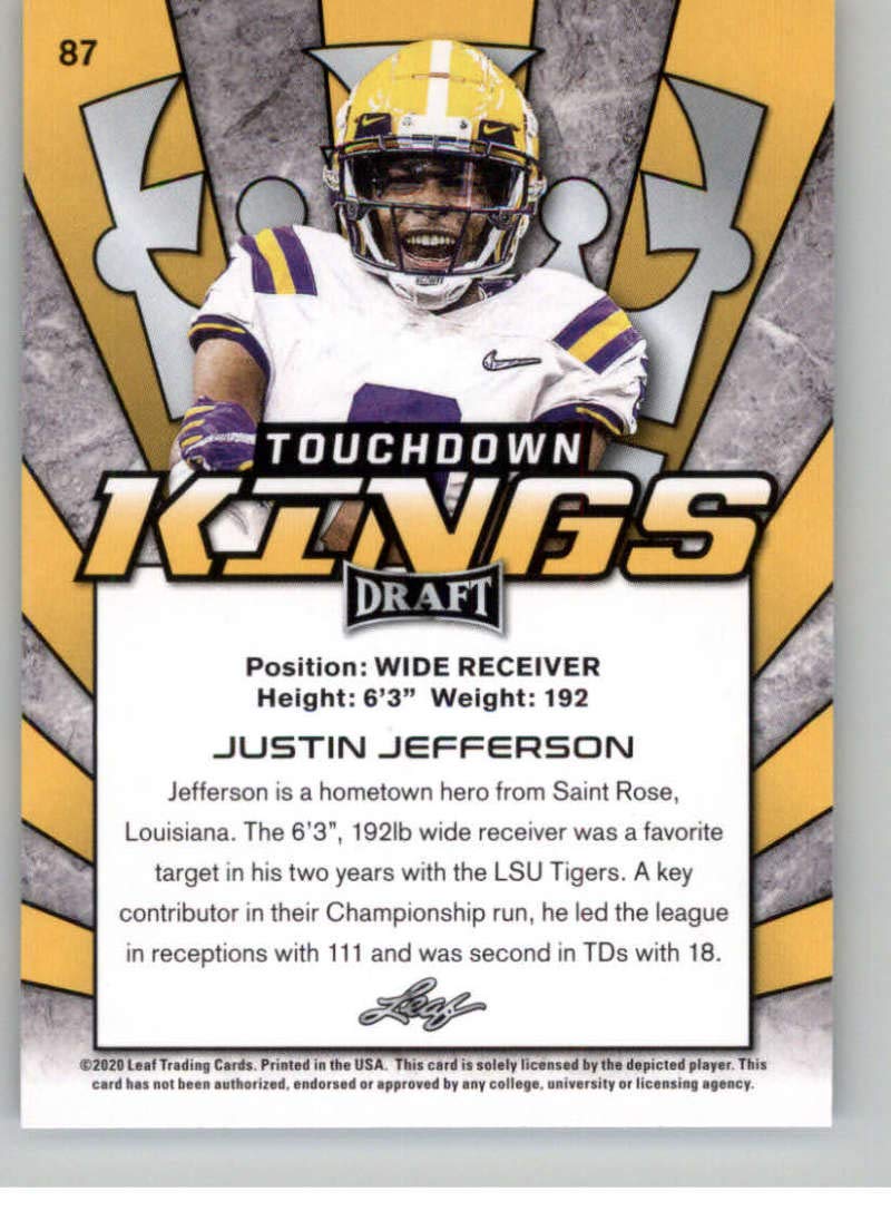 2020 Leaf Draft Gold Football #87 Justin Jefferson Pre-Rookie Trading Card LSU Tigers