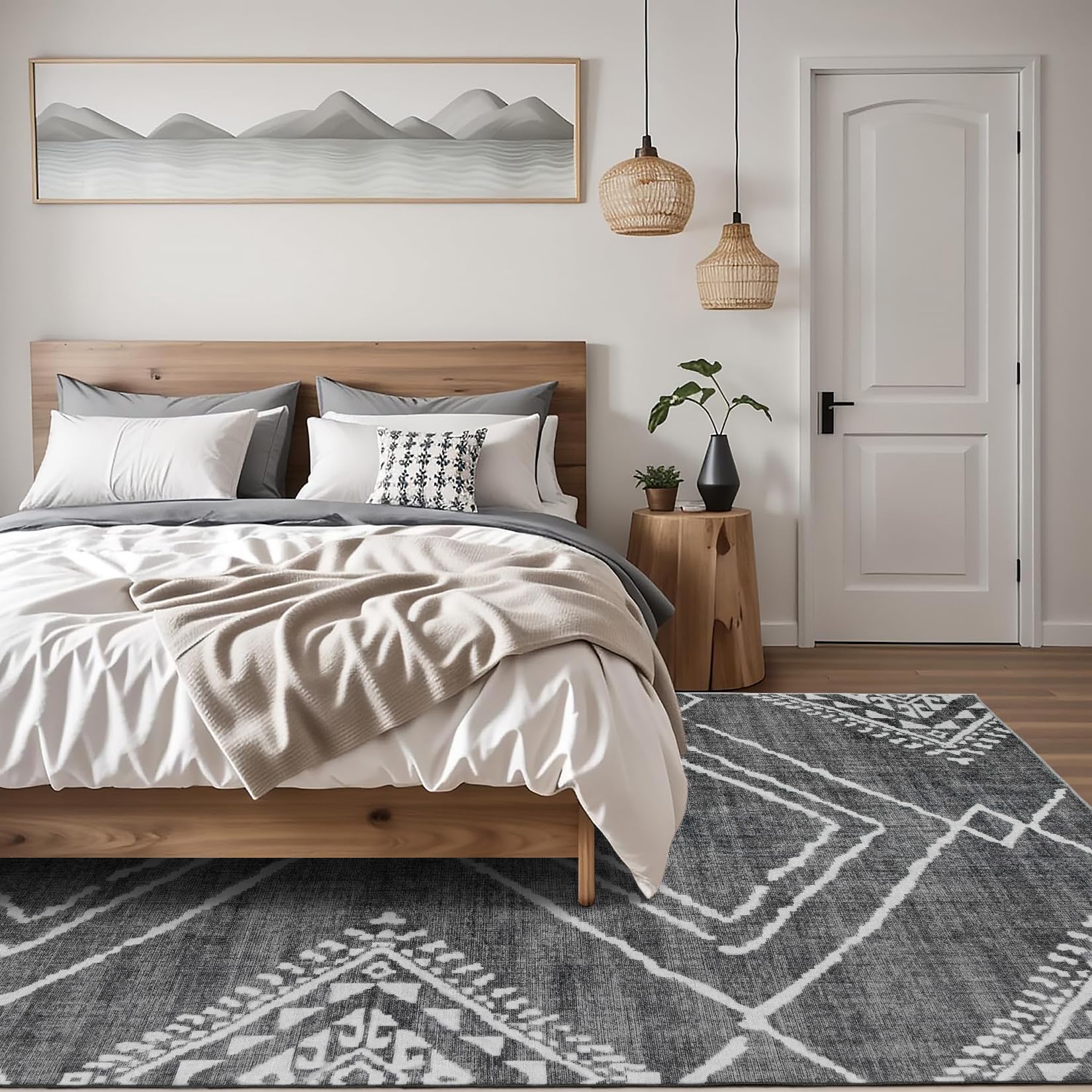 ReaLife Machine Washable Area Rug - Living Room Bedroom Bathroom Kitchen Entryway Office - Non Slip Low Pile Stain Resistant Premium - Moroccan Diamond Tribal - Jax - Gray 7'6" x 9'6"