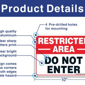 Restricted Area Sign, Do Not Enter Signs Metal, 4 Pack, 10 x 7 inch .40 Rust Free Aluminum, UV Protected, Weather Resistant, Waterproof, Durable Ink, Easy to install