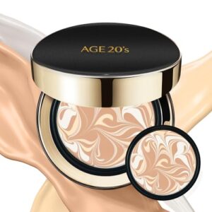 age 20's signature intense sunscreen spf 50+ foundation, natural coverage, cushion korean makeup, 71% essence natural dewy finish, refill included, 21 light beige (0.49 oz x2 ea)