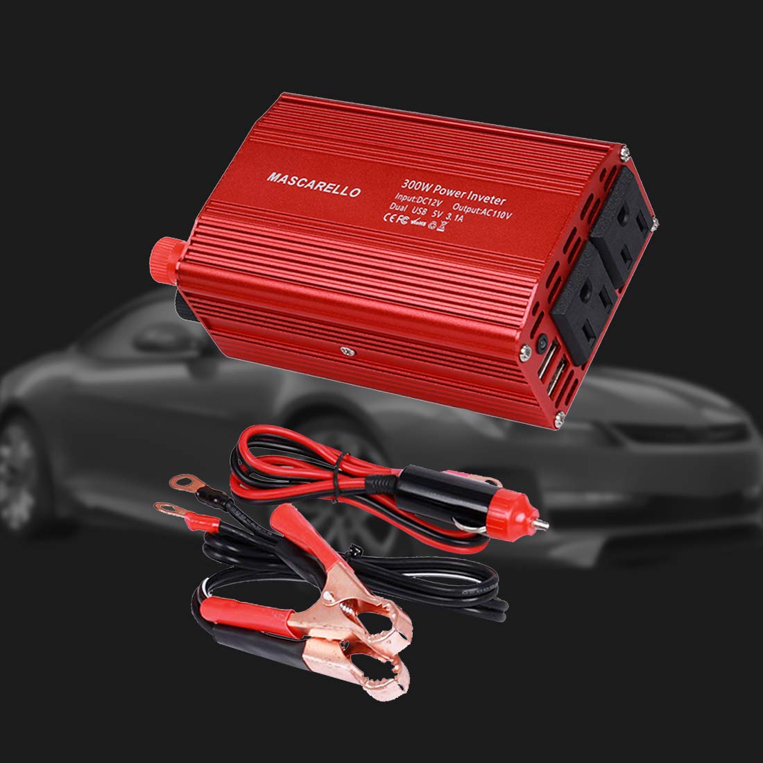 MASCARELLO 300w Car Power Inverter DC 12V to 110V AC Converter with AC Outlet and 5V/3.1A USB Car Charger for iPhone Laptop Notebook Camping(with Clip)