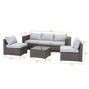 Solaste 6 Piece Patio Furniture Sets,All Weather Outdoor Sectional Patio Sofa Manual Weaving Wicker Patio Seating Rattan Sofas with Glass Table,Grey Cushions