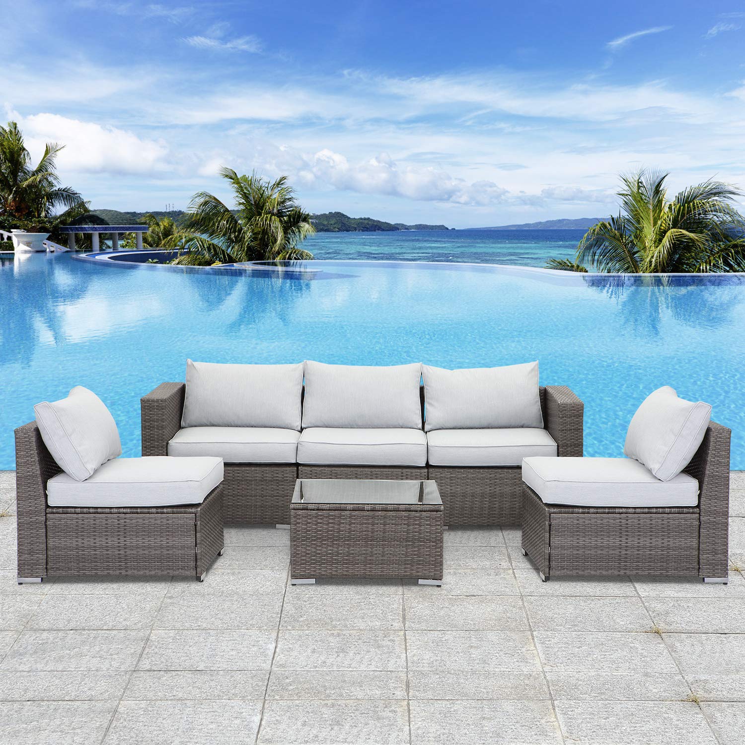 Solaste 6 Piece Patio Furniture Sets,All Weather Outdoor Sectional Patio Sofa Manual Weaving Wicker Patio Seating Rattan Sofas with Glass Table,Grey Cushions