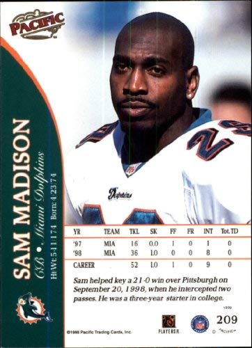 1999 Pacific #209 Sam Madison NFL Football Trading Card