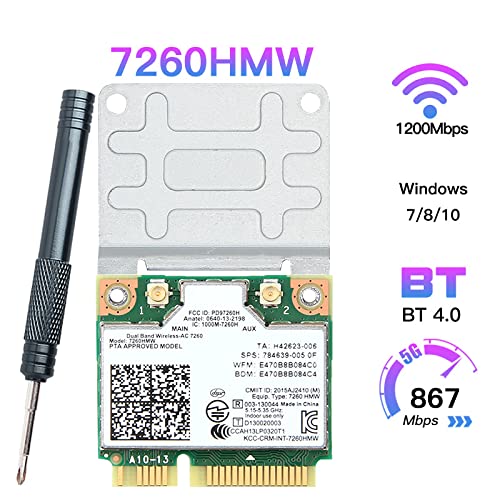 7260ac Half Mini pcie WiFi Card 7260HMW Dual Band Wireless-AC 7260 PCIe WiFi Adapter 2x2 Wi-Fi BT4.0 802.11 b/a/g/n/ac PCI Express Mini Network Card for Windows 7 8 10