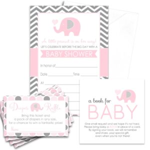 Paper Clever Party Pink Elephant Baby Shower Invitation Bundle Includes Blank Invites with Envelopes for Girls, Diaper Raffle Insert Bring a Book Cards Set (25 of Each) Jungle Theme Princess