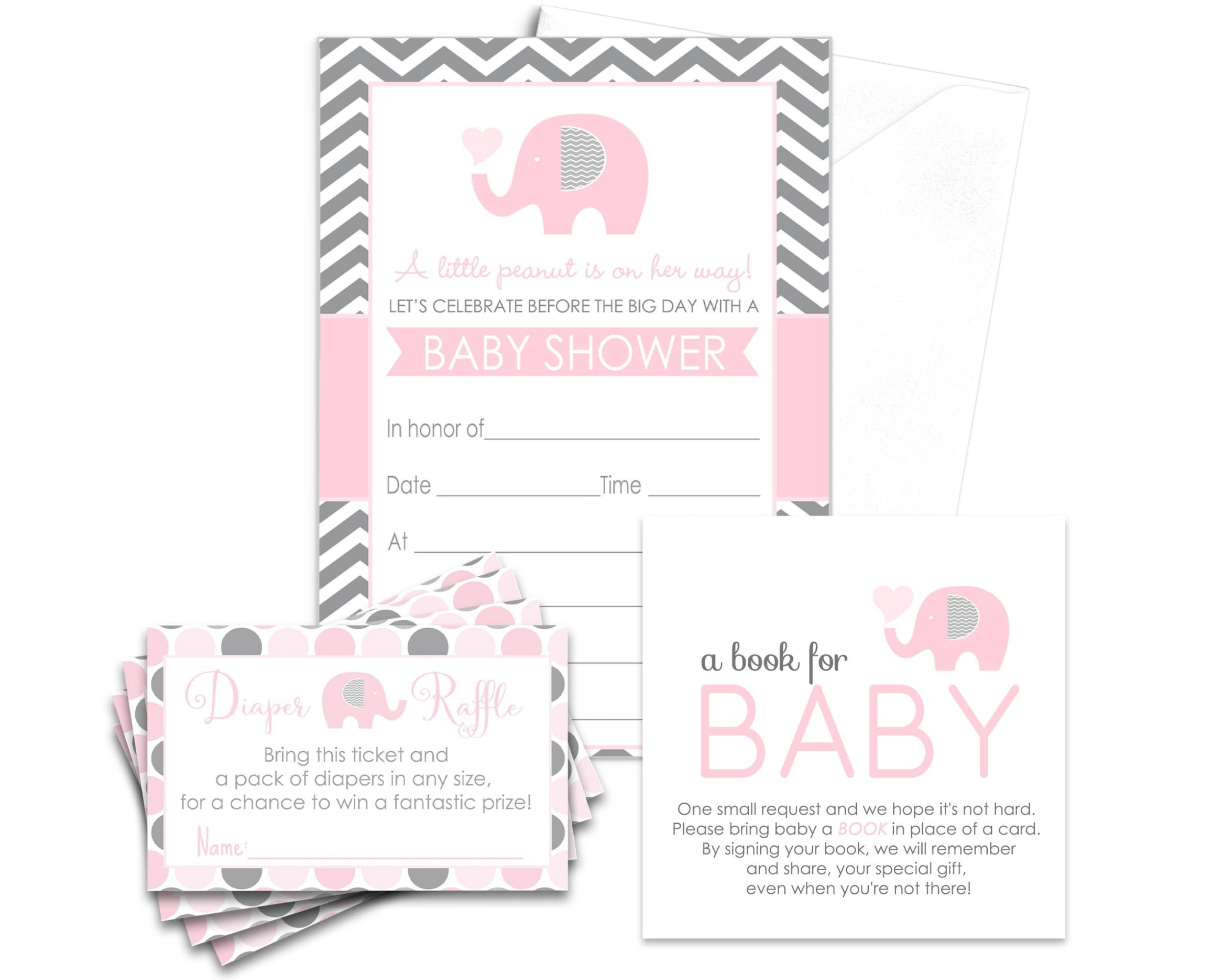 Paper Clever Party Pink Elephant Baby Shower Invitation Bundle Includes Blank Invites with Envelopes for Girls, Diaper Raffle Insert Bring a Book Cards Set (25 of Each) Jungle Theme Princess