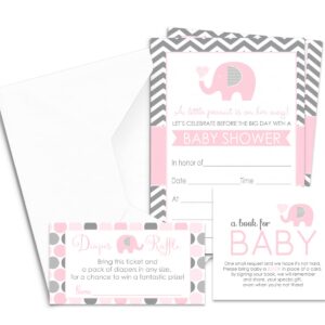 Paper Clever Party Pink Elephant Baby Shower Invitation Bundle Includes Blank Invites with Envelopes for Girls, Diaper Raffle Insert Bring a Book Cards Set (25 of Each) Jungle Theme Princess