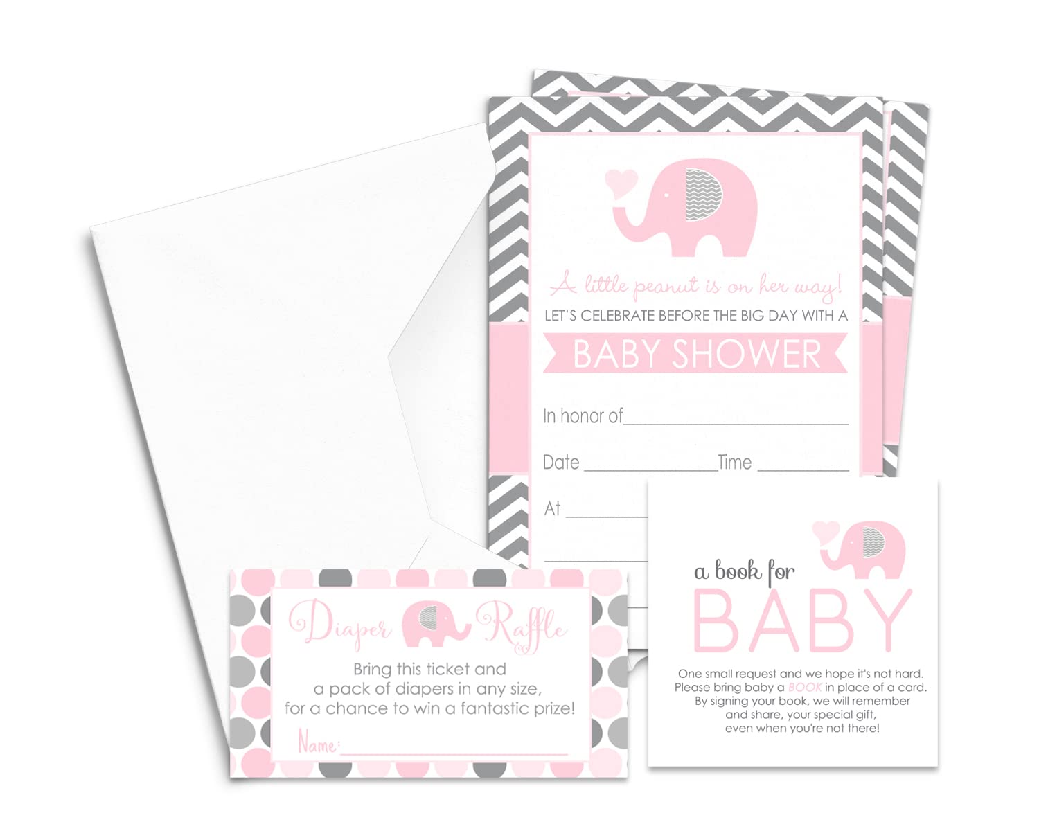 Paper Clever Party Pink Elephant Baby Shower Invitation Bundle Includes Blank Invites with Envelopes for Girls, Diaper Raffle Insert Bring a Book Cards Set (25 of Each) Jungle Theme Princess