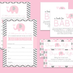 Paper Clever Party Pink Elephant Baby Shower Invitation Bundle Includes Blank Invites with Envelopes for Girls, Diaper Raffle Insert Bring a Book Cards Set (25 of Each) Jungle Theme Princess