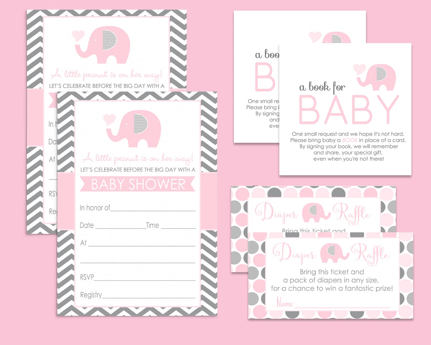 Paper Clever Party Pink Elephant Baby Shower Invitation Bundle Includes Blank Invites with Envelopes for Girls, Diaper Raffle Insert Bring a Book Cards Set (25 of Each) Jungle Theme Princess