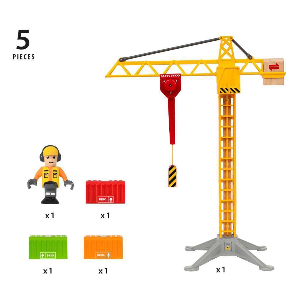 BRIO 33835 Construction Crane with Lights | Wooden Toy Train Set for Kids Age 3 and Up, Yellow