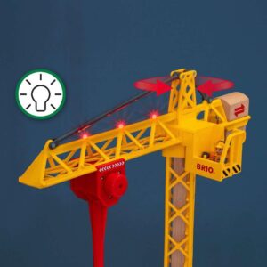 BRIO 33835 Construction Crane with Lights | Wooden Toy Train Set for Kids Age 3 and Up, Yellow