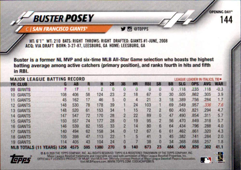 2020 Topps Opening Day #144 Buster Posey NM-MT Giants