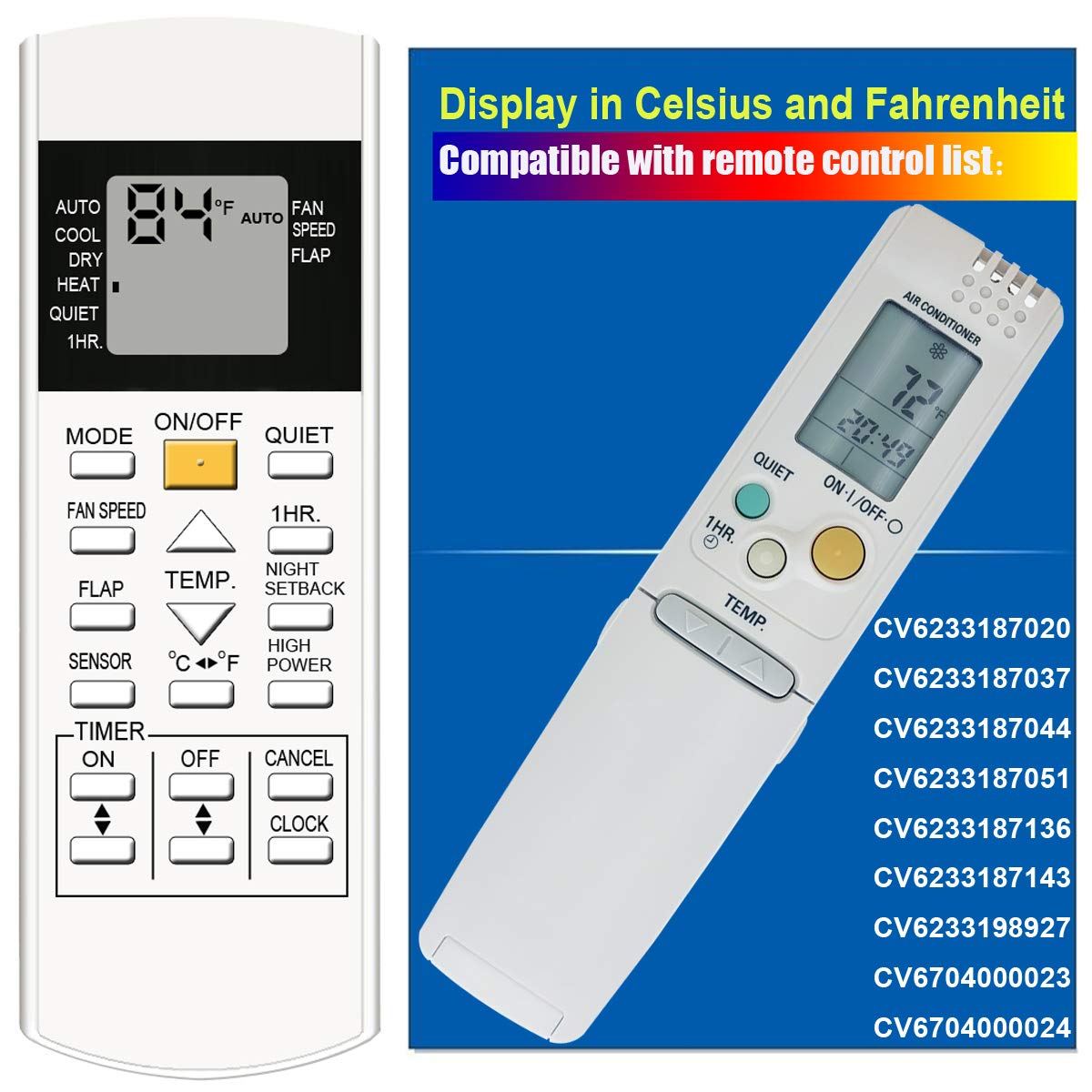 Replacement for Panasonic Air Conditioner Remote Control CV6233198927 CV6233187136 CV6233187143 CV6233187044 CV6704000024 CV6233187020 CV6233187051 CV6704000023 CV6233187037 CS-KE30NKU