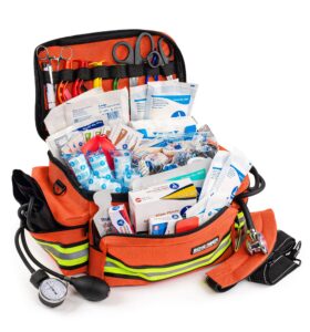 scherber first responder fully-stocked professional essentials emt/ems trauma kit | hsa/fsa approved | reflective bag w/8 zippered pockets & compartments & 200+ first aid supplies - orange