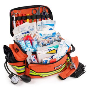 Scherber First Responder Fully-Stocked Professional Essentials EMT/EMS Trauma Kit | HSA/FSA Approved | Reflective Bag w/8 Zippered Pockets & Compartments & 200+ First Aid Supplies - Orange