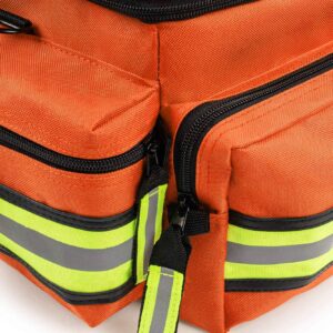 Scherber First Responder Fully-Stocked Professional Essentials EMT/EMS Trauma Kit | HSA/FSA Approved | Reflective Bag w/8 Zippered Pockets & Compartments & 200+ First Aid Supplies - Orange