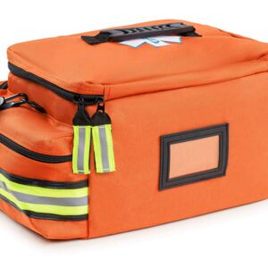 Scherber First Responder Fully-Stocked Professional Essentials EMT/EMS Trauma Kit | HSA/FSA Approved | Reflective Bag w/8 Zippered Pockets & Compartments & 200+ First Aid Supplies - Orange