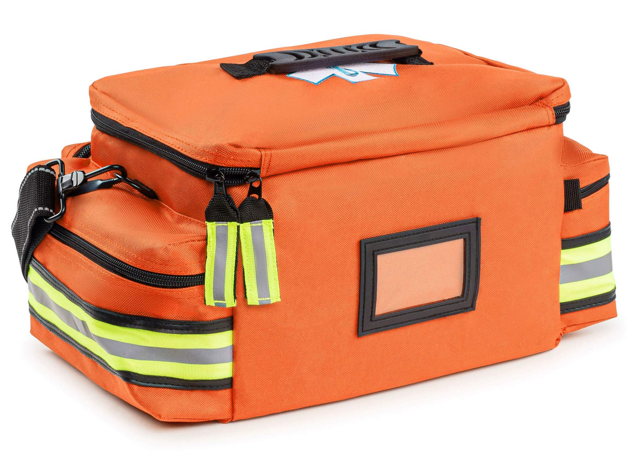 Scherber First Responder Fully-Stocked Professional Essentials EMT/EMS Trauma Kit | HSA/FSA Approved | Reflective Bag w/8 Zippered Pockets & Compartments & 200+ First Aid Supplies - Orange