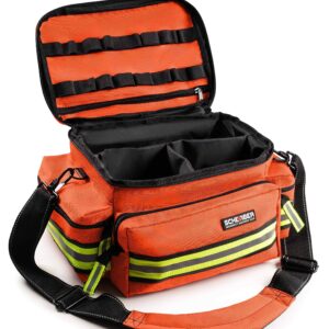 Scherber First Responder Fully-Stocked Professional Essentials EMT/EMS Trauma Kit | HSA/FSA Approved | Reflective Bag w/8 Zippered Pockets & Compartments & 200+ First Aid Supplies - Orange