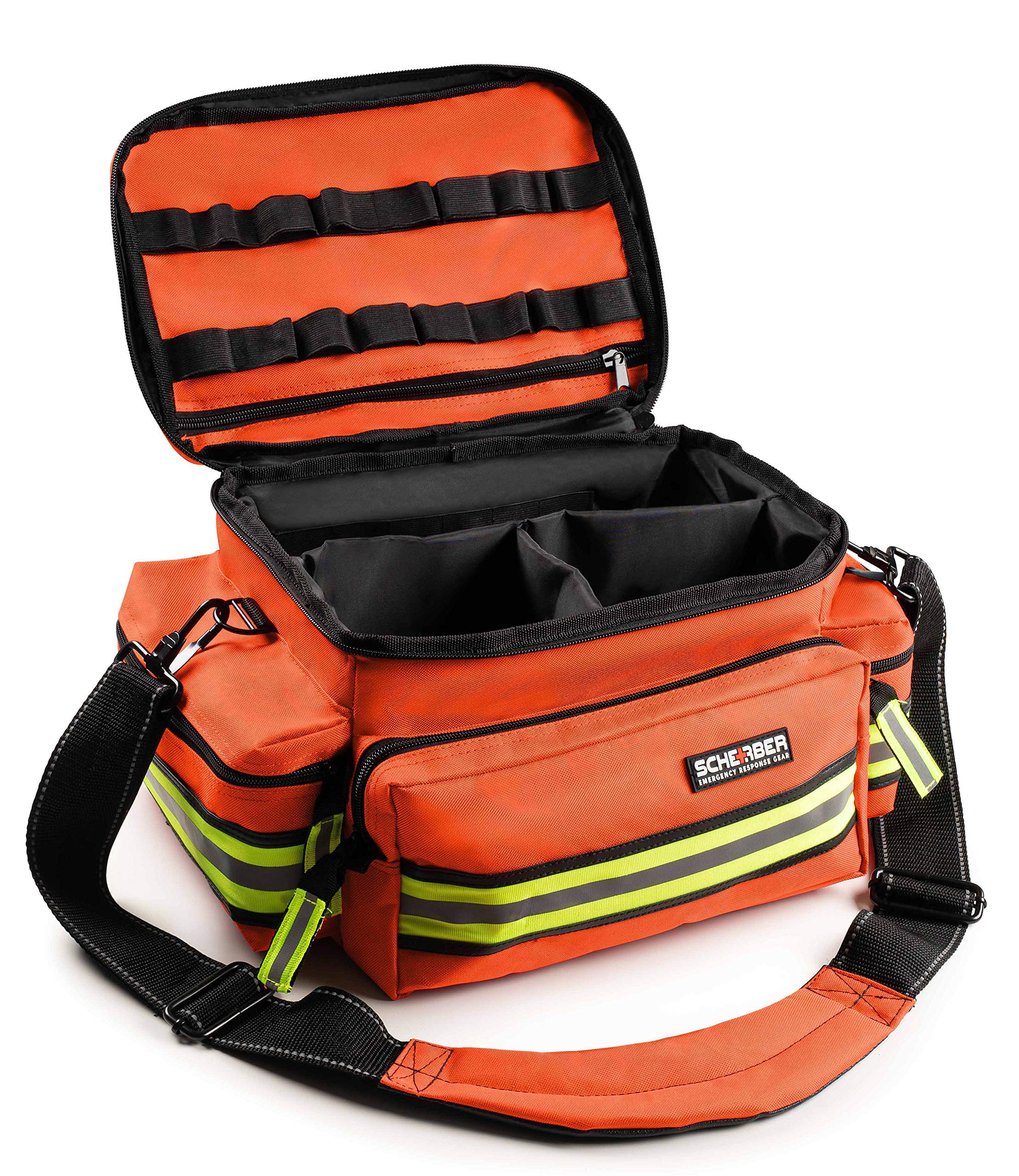 Scherber First Responder Fully-Stocked Professional Essentials EMT/EMS Trauma Kit | HSA/FSA Approved | Reflective Bag w/8 Zippered Pockets & Compartments & 200+ First Aid Supplies - Orange