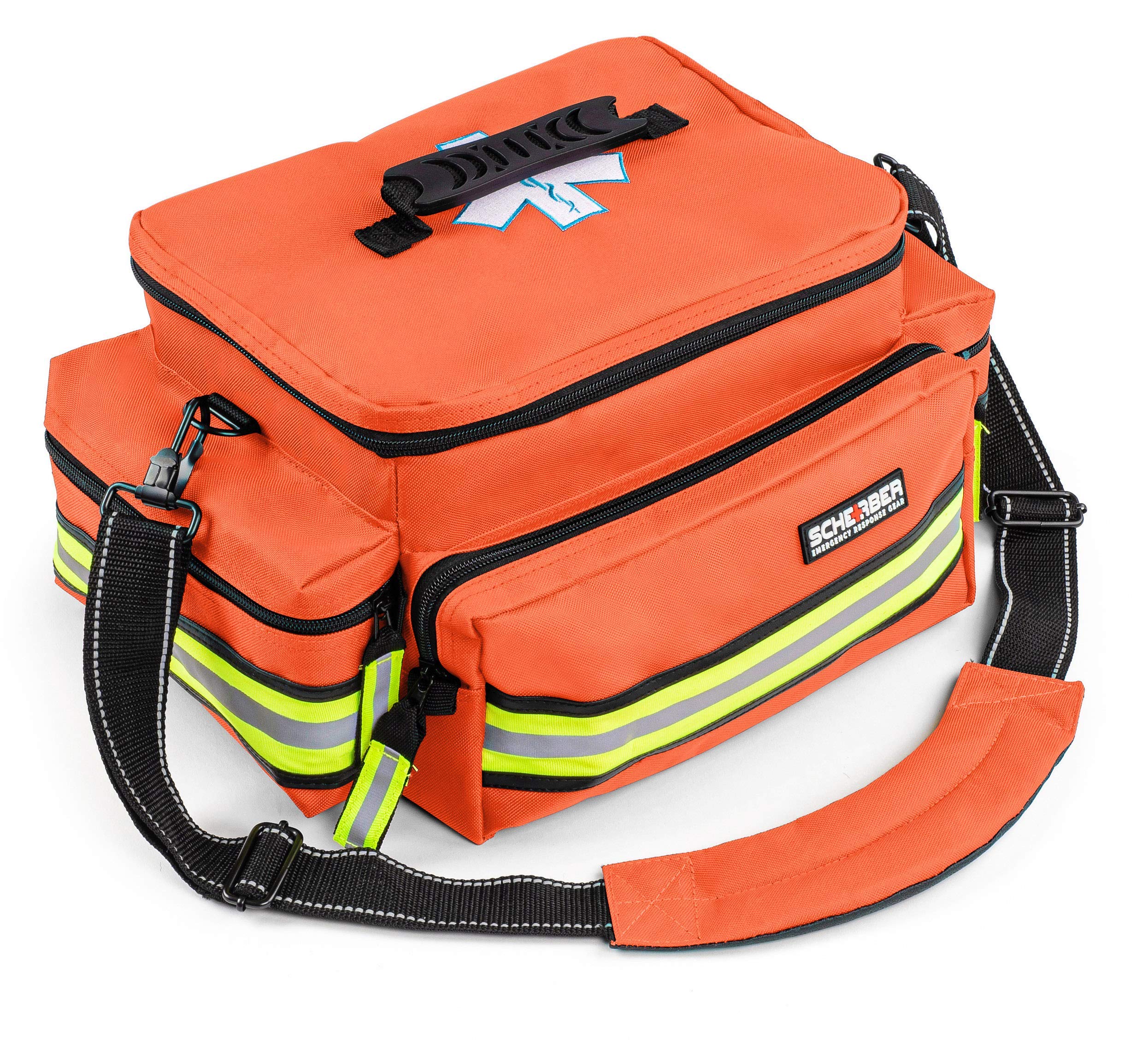 Scherber First Responder Fully-Stocked Professional Essentials EMT/EMS Trauma Kit | HSA/FSA Approved | Reflective Bag w/8 Zippered Pockets & Compartments & 200+ First Aid Supplies - Orange