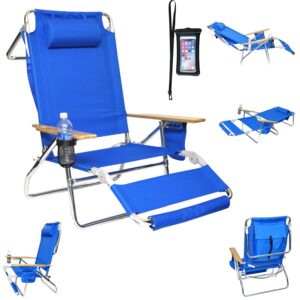 deluxe 5 pos lay flat high aluminum beach chair lounge chaise with foot rest, large storage, waterproof cell pouch