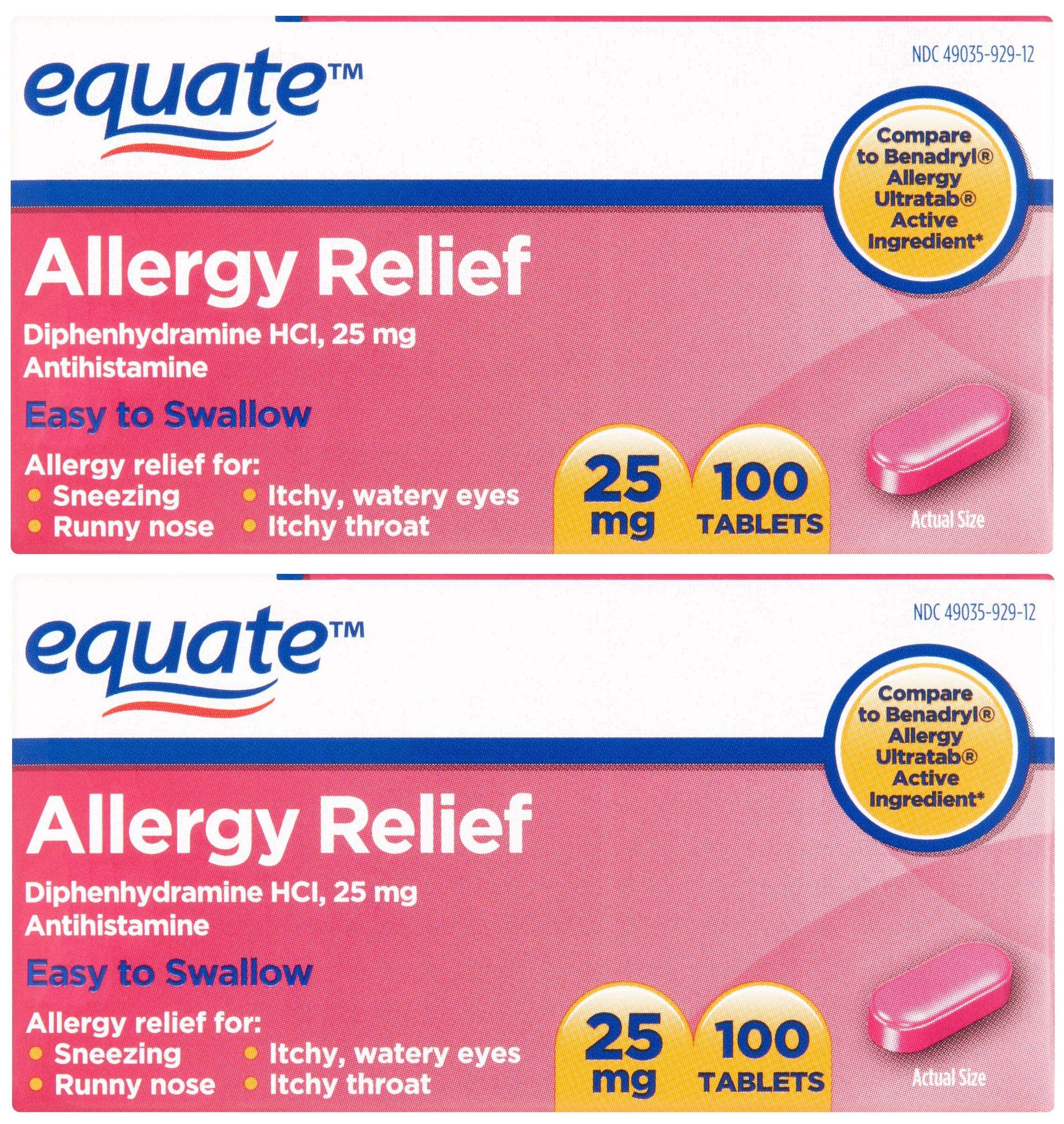 Equate Allergy Relief Diphenhydramine HCI, 25mg 100 Tablets (2 Count)